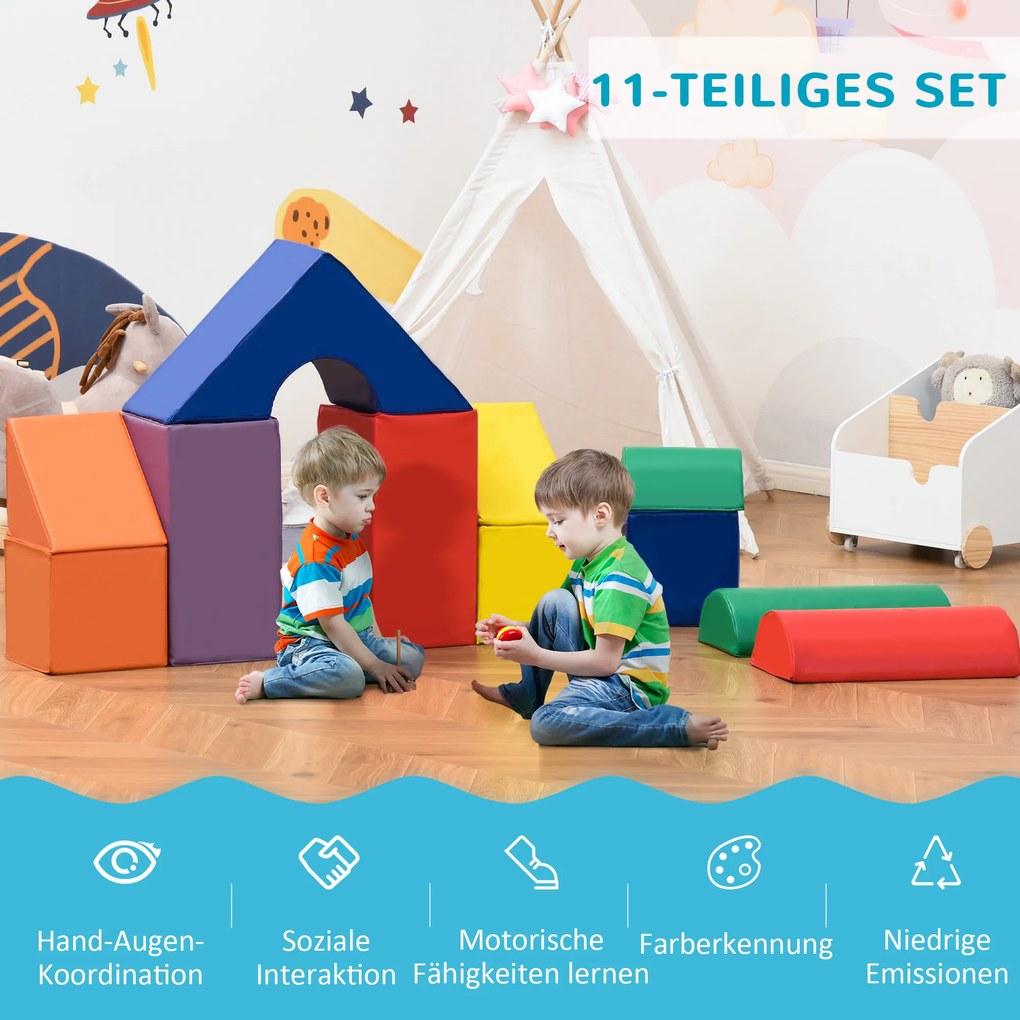 HOMCOM 11dílná měkká stavebnice pěnová stavebnice na skotačení lezení měkká obří stavebnice pro děti od 1 do 3 let imitace kůže barevná