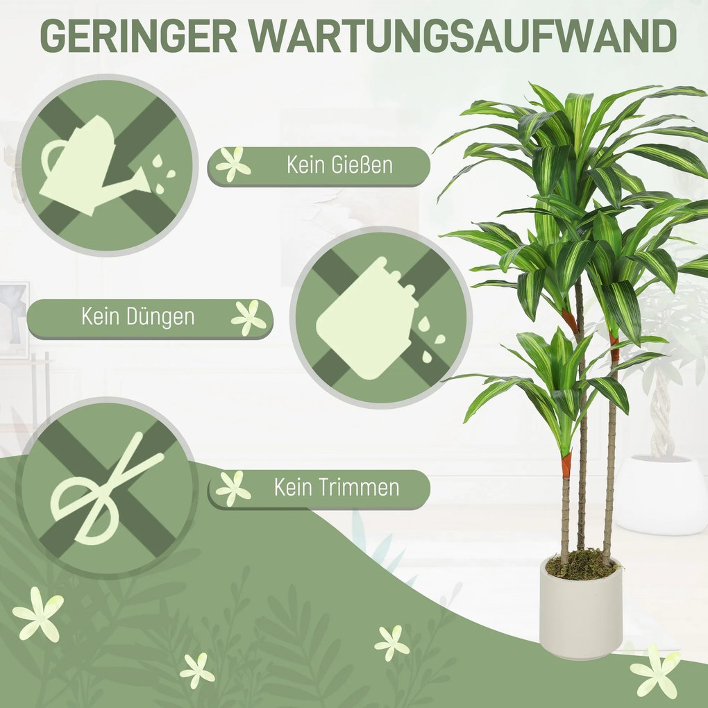 HOMCOM umělá rostlina Dracaena s ohebnými větvemi, bílý květináč (PP + cement) – listy PEVA, dřevěný kmen, 60 × 40 × 120 cm