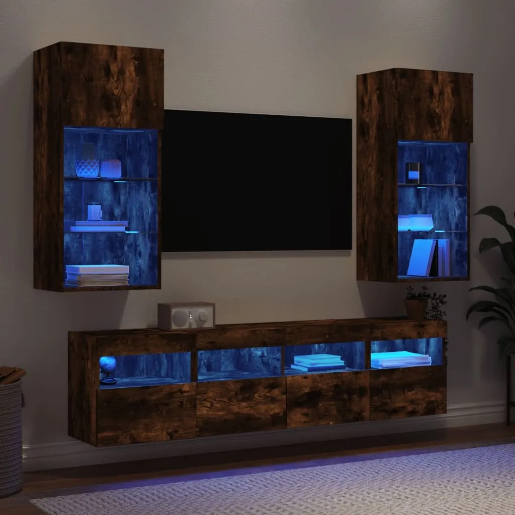 5dílná obývací stěna s LED kouřový dub kompozitní dřevo - Default Title