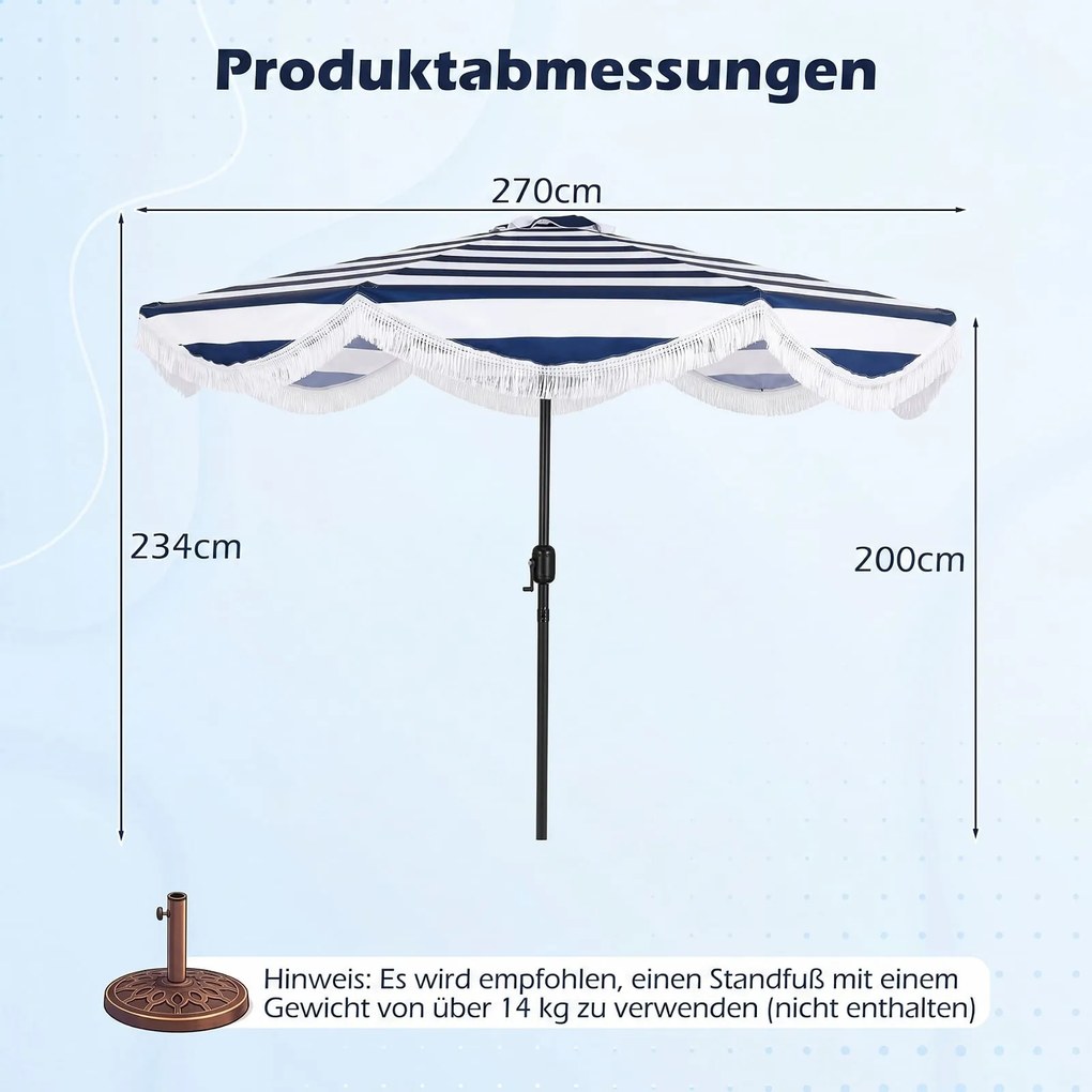 Costway Slunečník Ø 278 cm sklopný s klikou s třásněmi