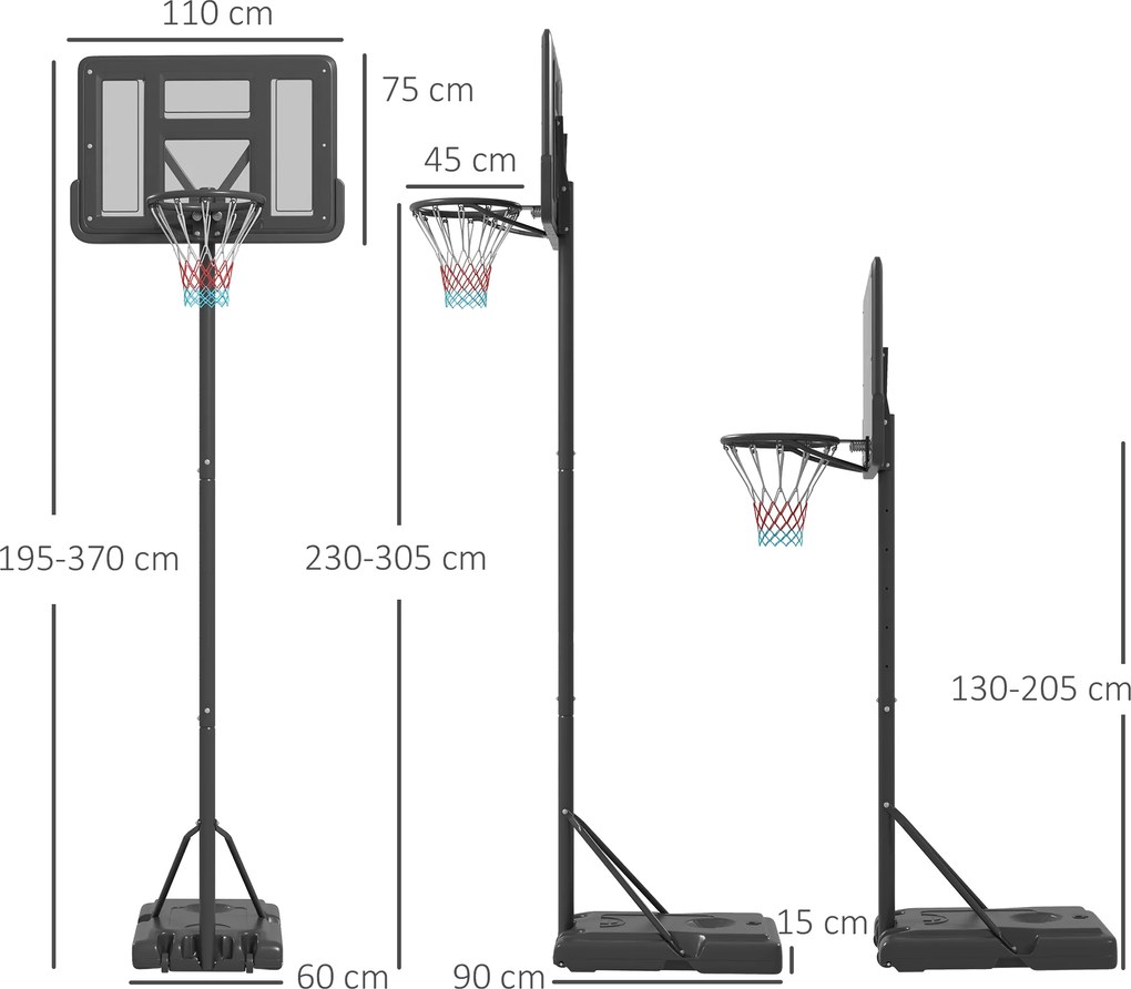 Stojan na basketbal SPORTNOW 2 v 1, výškově nastavitelný basketbalový koš se stojanem 230-305 cm, stojan na basketbalovou desku s kolečky, basketbalo…