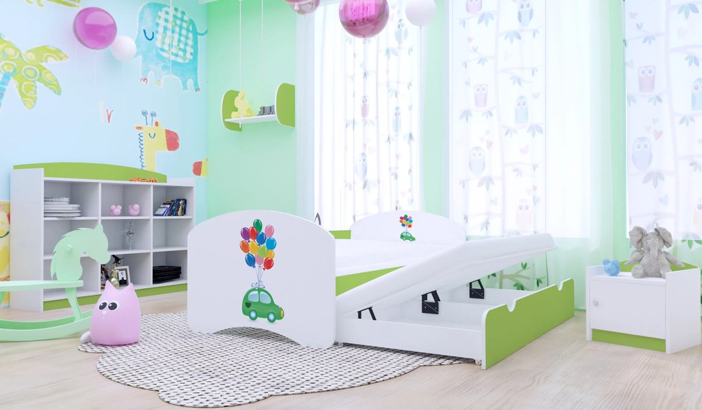 Svět pokojů Dětská postel Kevin pro dvě děti - zelené auto s balónky + matrace zdarma Barva: Zelená, Rozměr: 200x90 cm (+750 Kč), Zábrana: NE