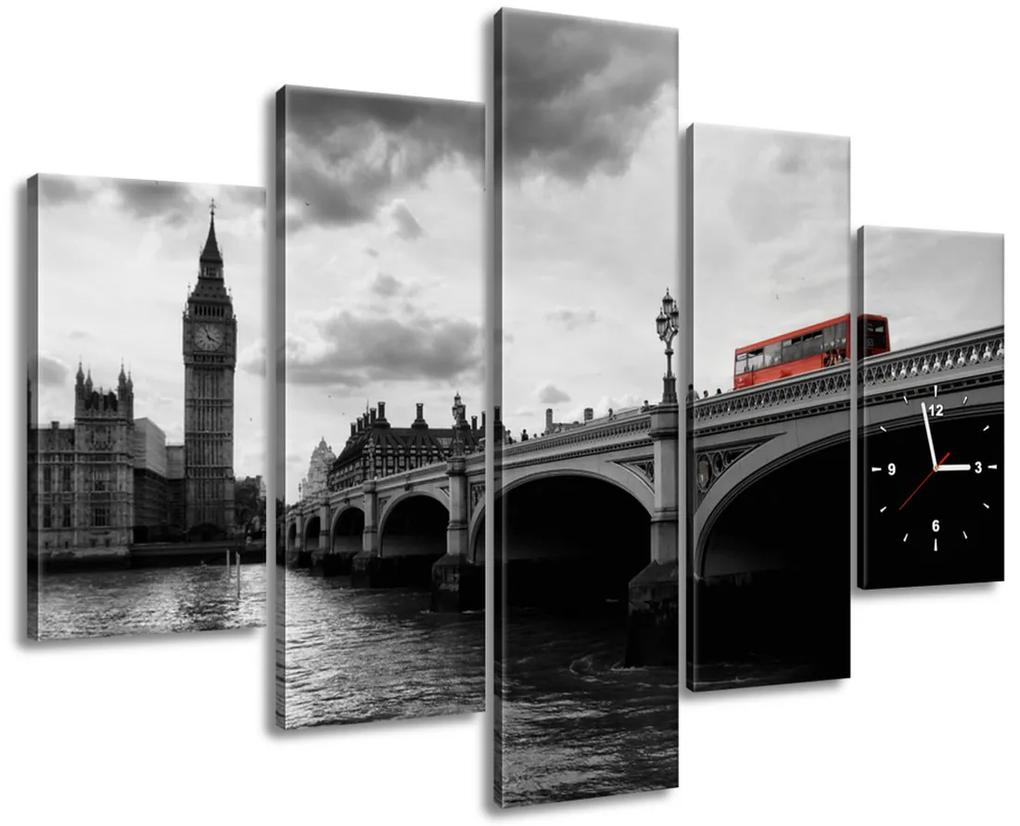 Gario Obraz s hodinami Londýnským autobusem k věži Big Ben - 5 dílný Rozměry: 150 x 105 cm