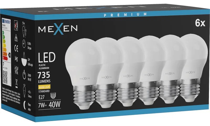 Mexen Nova 6x LED žárovka E27, G45, 7W, Teplá - 3000K, 735 lm - L101-E27-0730-01x06