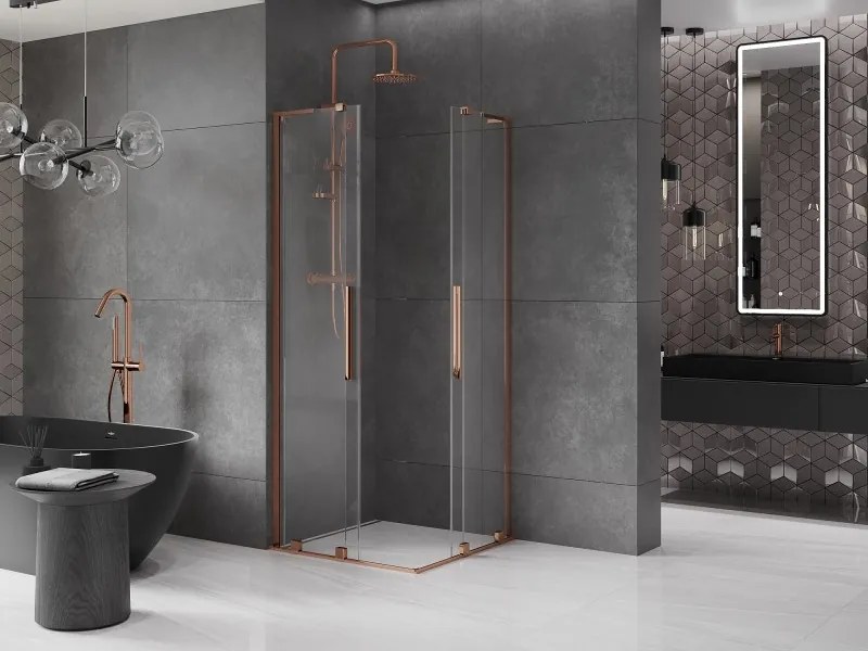 Mexen Velar L Duo, sprchový kout s posuvnými dveřmi 90 x 90 cm, 8mm čiré sklo, růžové zlato, 871-090-090-02-03-60