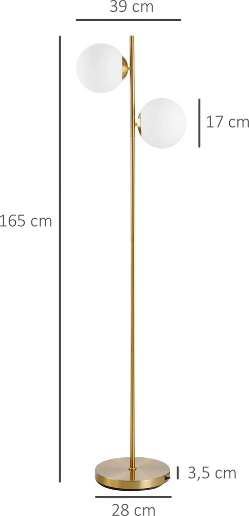 HOMCOM stojací lampa 2-dílná se skleněným stínidlem, ocel a sklo, výška 165 cm, zlatá a bílá, moderní design do obývacího pokoje