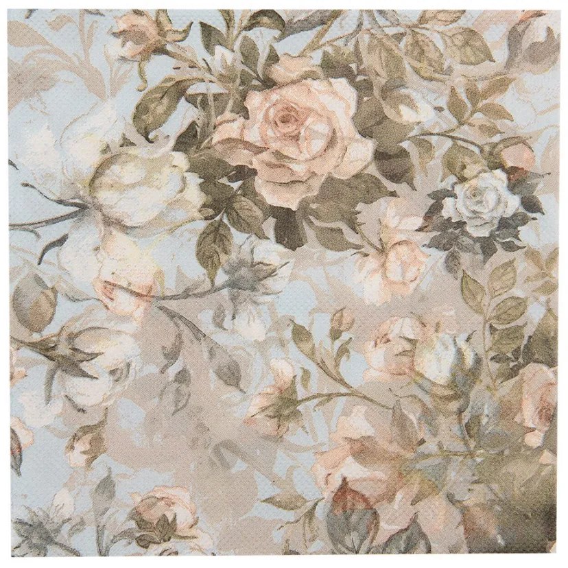 Béžovo-modré papírové ubrousky s růžemi - 33*33 cm (20ks)