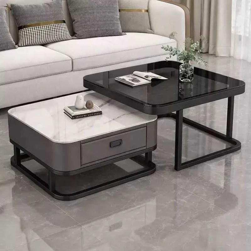 LuxuryForm DESIGN Konferenční stolek ARAGON 70 × 70 / 60 × 60 cm – šedý / bílý mramor + sklo (set 2 ks)