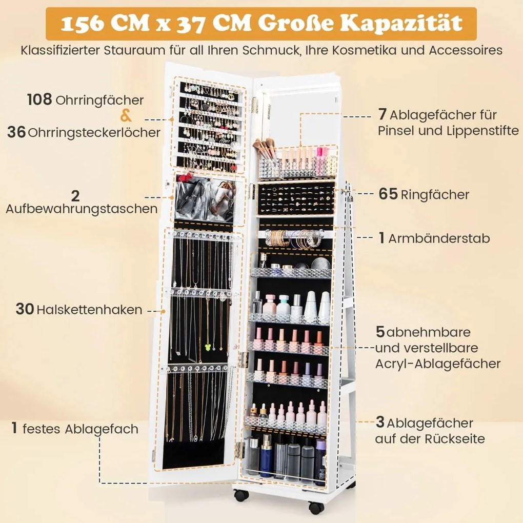 Costway Uzamykatelná šperkovnice s integrovaným make-up zrcadlem, nastavitelnými