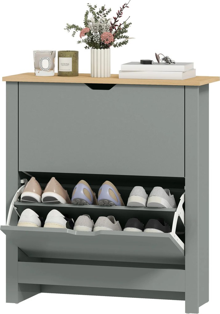 HOMCOM Shoe Cabinet with 2 Flip Drawers – Slim Shoe Rack with Adjustable Divider for up to 12 Pairs, 28.3 x 10.2 x 31.5 in, Light Gray | Aosom
