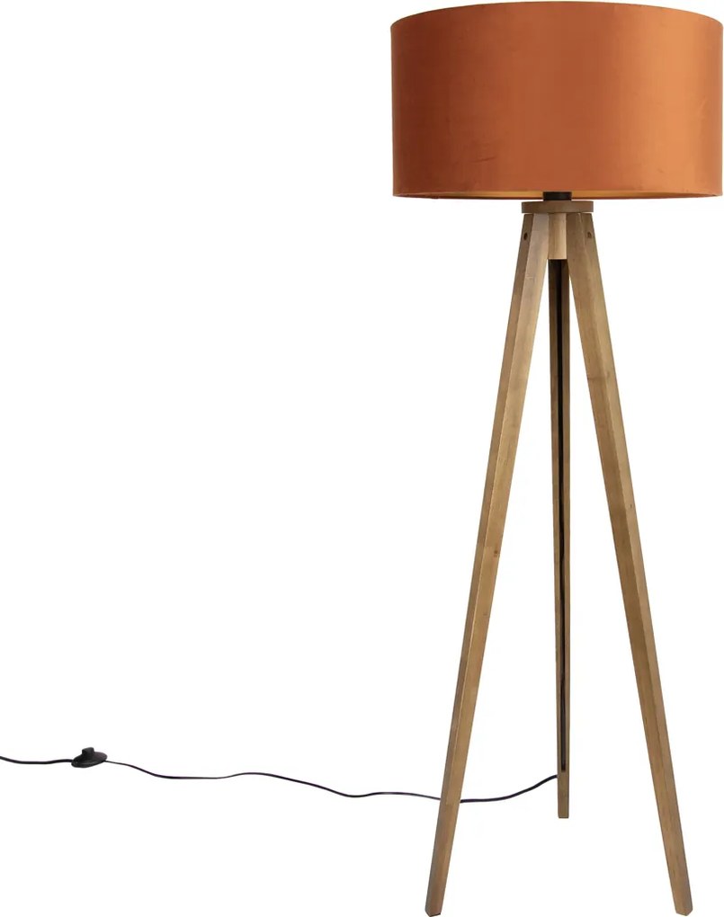 Dřevěná stojací lampa s oranžovým stínidlem a zlatým vnitřkem 50 cm - Tripod Classic