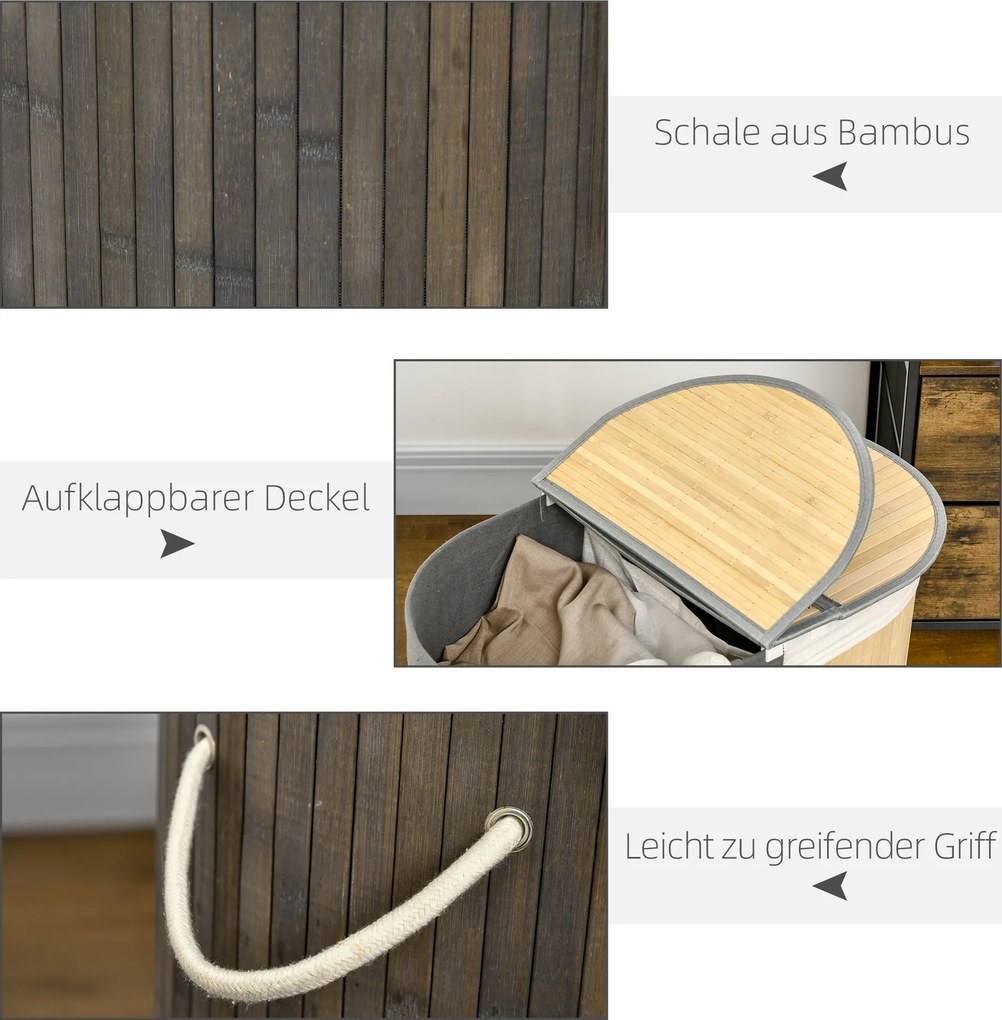 HOMCOM Koš na prádlo z bambusu s kapacitou 100L a víkem, s odnímatelným pytlem se 2 přihrádkami 62,5x37x60,5 cm Šedý a přírodní