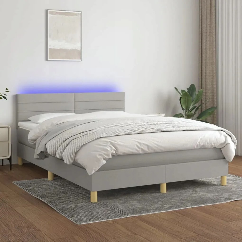 Box Spring Postel S Matrací A Led Textil Světle Šedá vodorovné pruhy 140