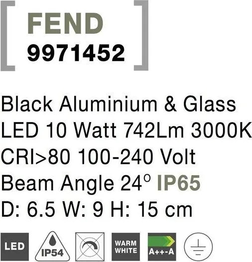 NV 9971452 Venkovní nástěnné svítidlo FEND černý hliník a sklo LED 10W 3000K 100-240V 24st. IP65 - NOVA LUCE