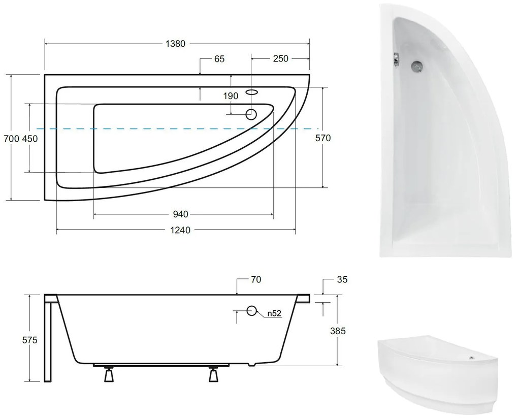 Olsen Spa FONDI 150 x 70 cm OLVFON15P+OLVPINOZ vana vč. nožiček pravá