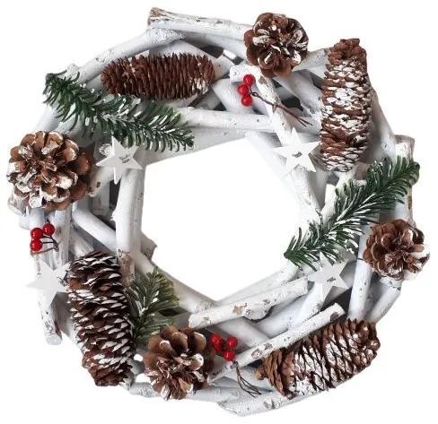 Bílý dřevěný vánoční věnec se šiškami - Ø 30*8 cm