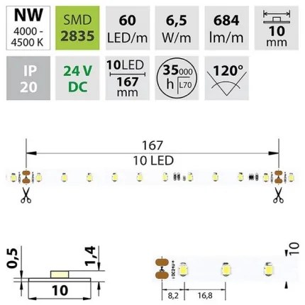 LED pásek McLED 24V neutrální bílá š=10mm IP20 6,5W/m 60LED/m SMD2835 ML-126.800.60.8 (20m)