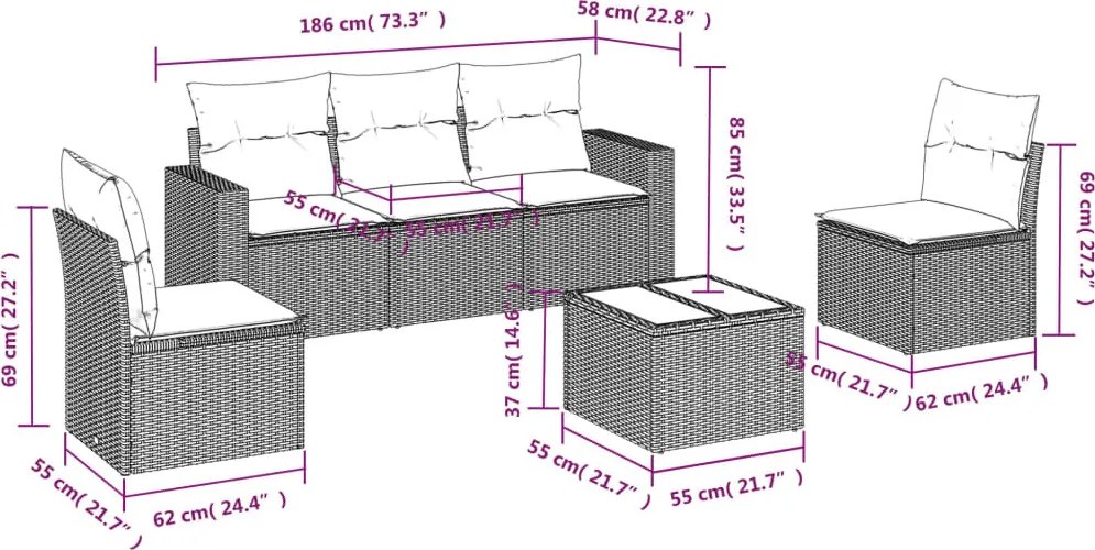 vidaXL 6dílná zahradní sedací souprava s poduškami polyratan [3218785] Barva: Černá