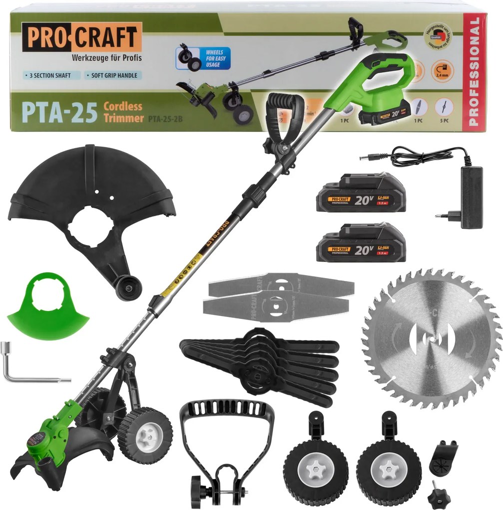 Procraft PTA-25-2B 20V SET - akumulátorový vyžínač (s 2x1,5 Ah akumulátory a nabíječkou)