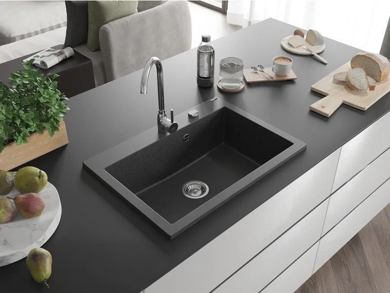 Mexen Elix granitový dřez 1-komorový 700 x 500 mm, černý skvrnitý, sifon chrom - 6526701005-76
