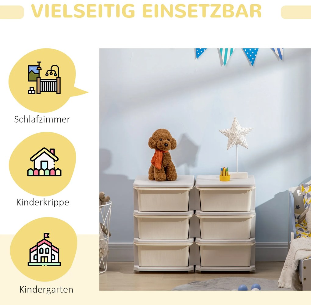 HOMCOM Plastový úložný box, 6 zásuvek, organizér na hračky, malá zásuvková skříňka pro děti, krémově bílá