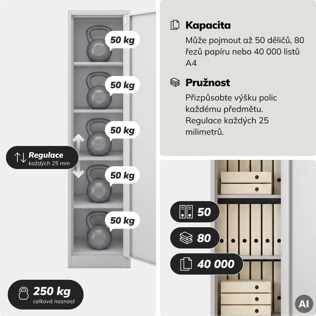 Skříň na spisy kartotéková na klíč šedá, 450x1850x600 mm: ALEX D600