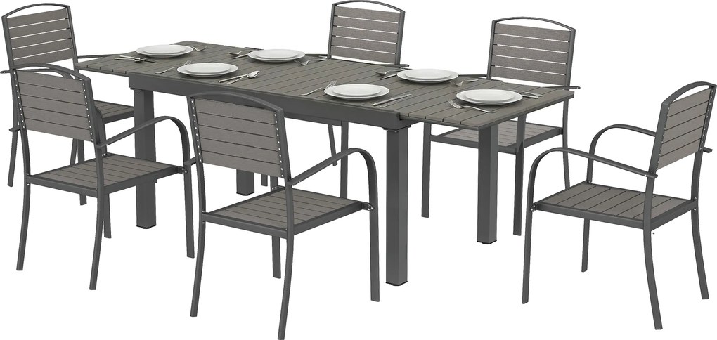 Outsunny Zahradní set nábytku 7 ks, rozkládací stůl 150–225 cm + 6 židlí, hliník, imitace dřeva, šedý