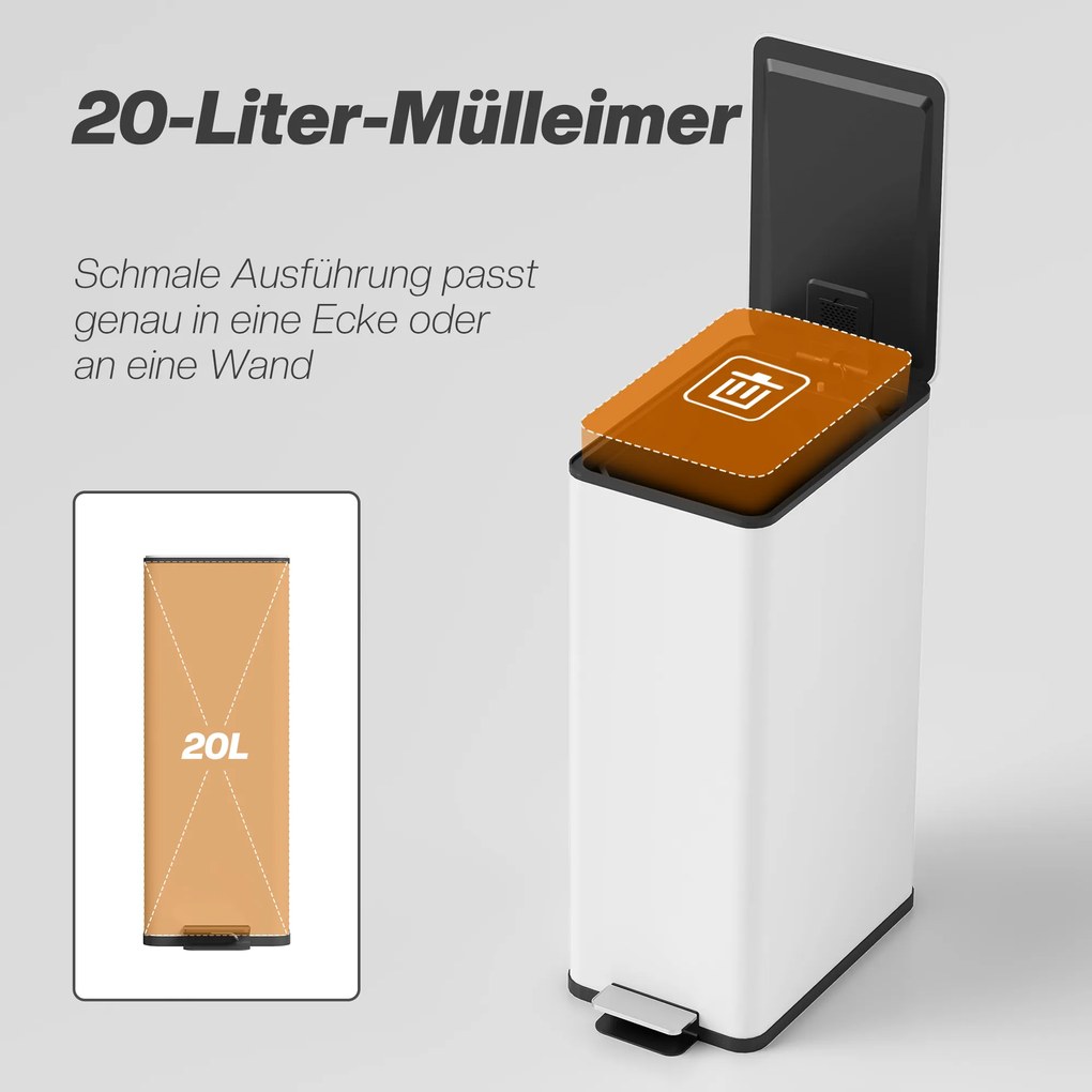 Odpadkový koš 20 l, měkce uzavíratelné víko, přihrádka na deodorant, odolný proti otiskům prstů, nerezová ocel, bílý