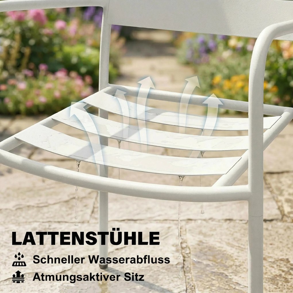 Outsunny Bistro set 3dílná sada kovového zahradního nábytku se 2 zahradními židlemi, skleněný stůl, lamelový design, odolný proti korozi