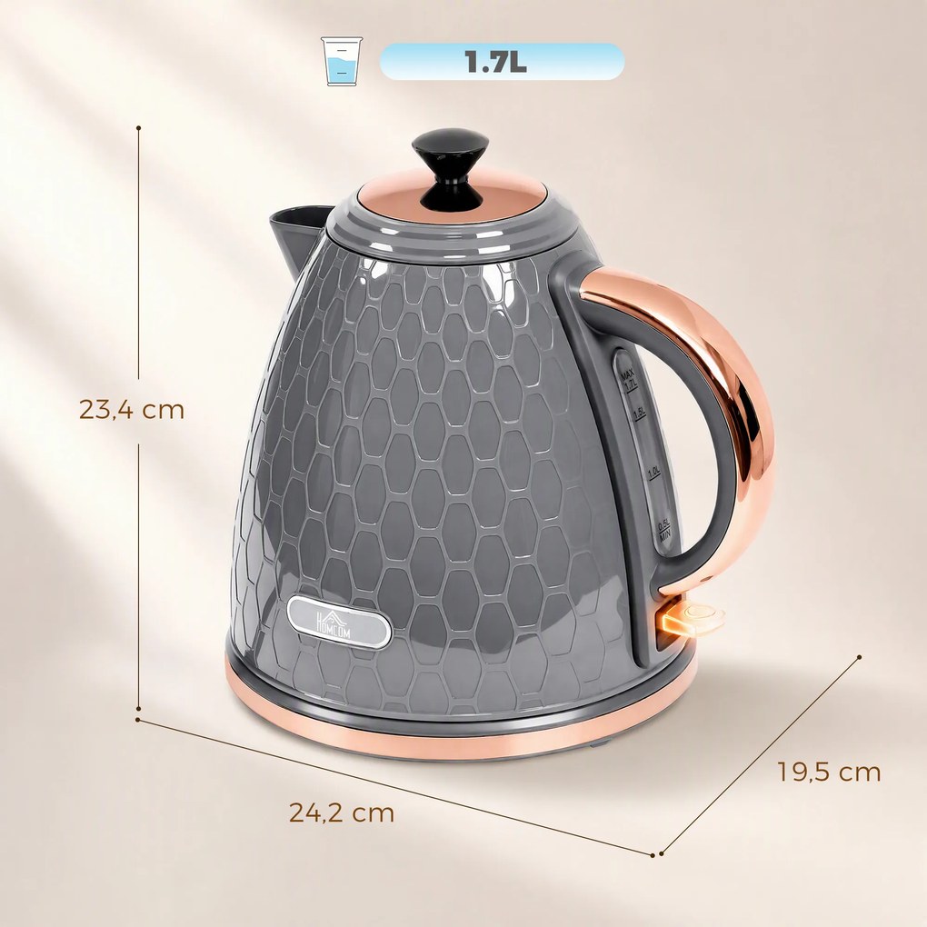 HOMCOM Rychlovarná konvice, 2200 W, průhledné okénko, filtr, rychlovarná, šedá
