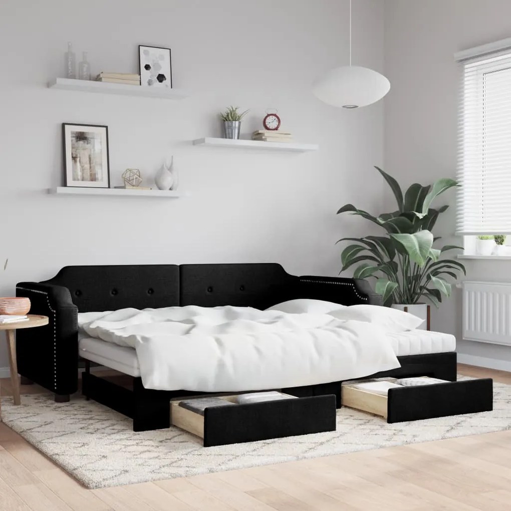 Válenda s přistýlkou a zásuvkami černá 90 x 200 cm textil 3197690