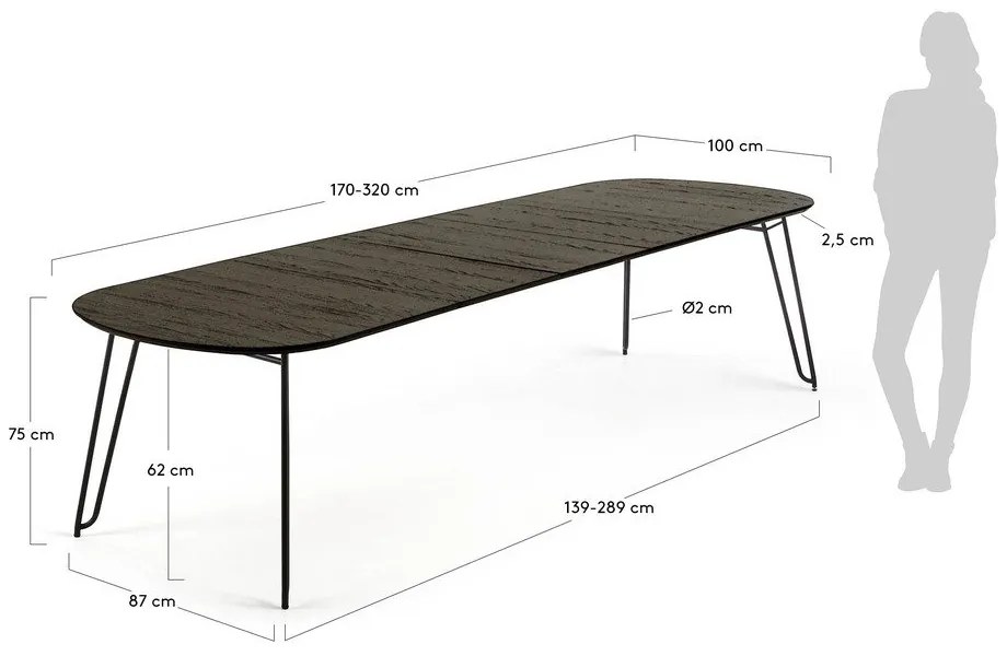 Tmavě hnědý rozkládací jídelní stůl s deskou v dekoru jasanového dřeva 100x170 cm Milian – Kave Home