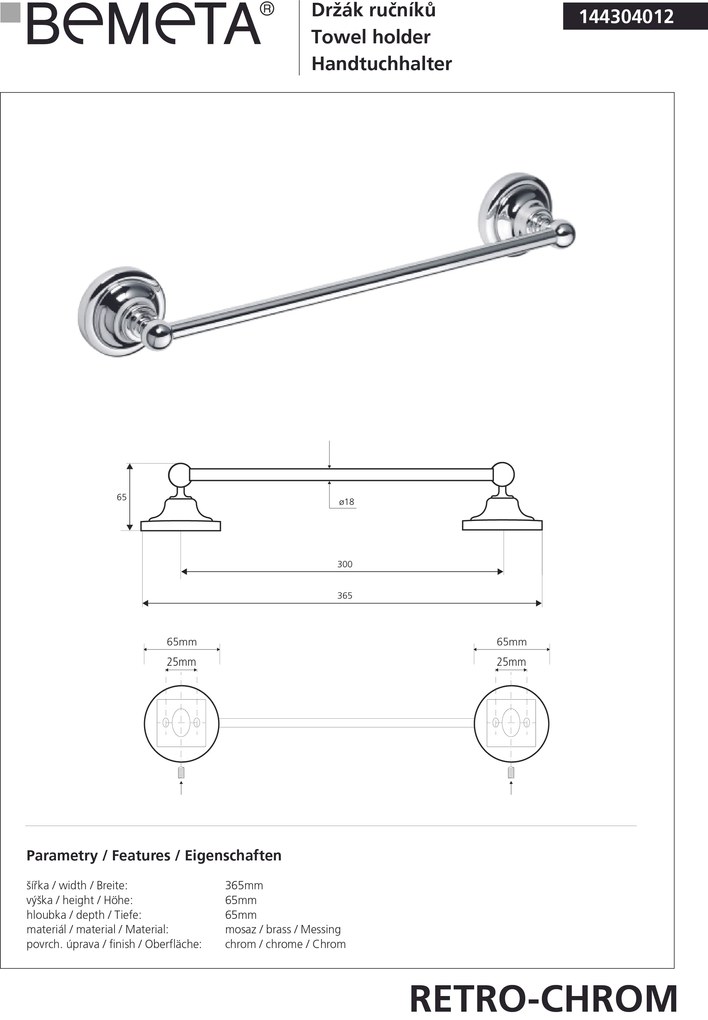 Bemeta Design RETRO chrom: Držák ručníků, 300 mm - 144304012