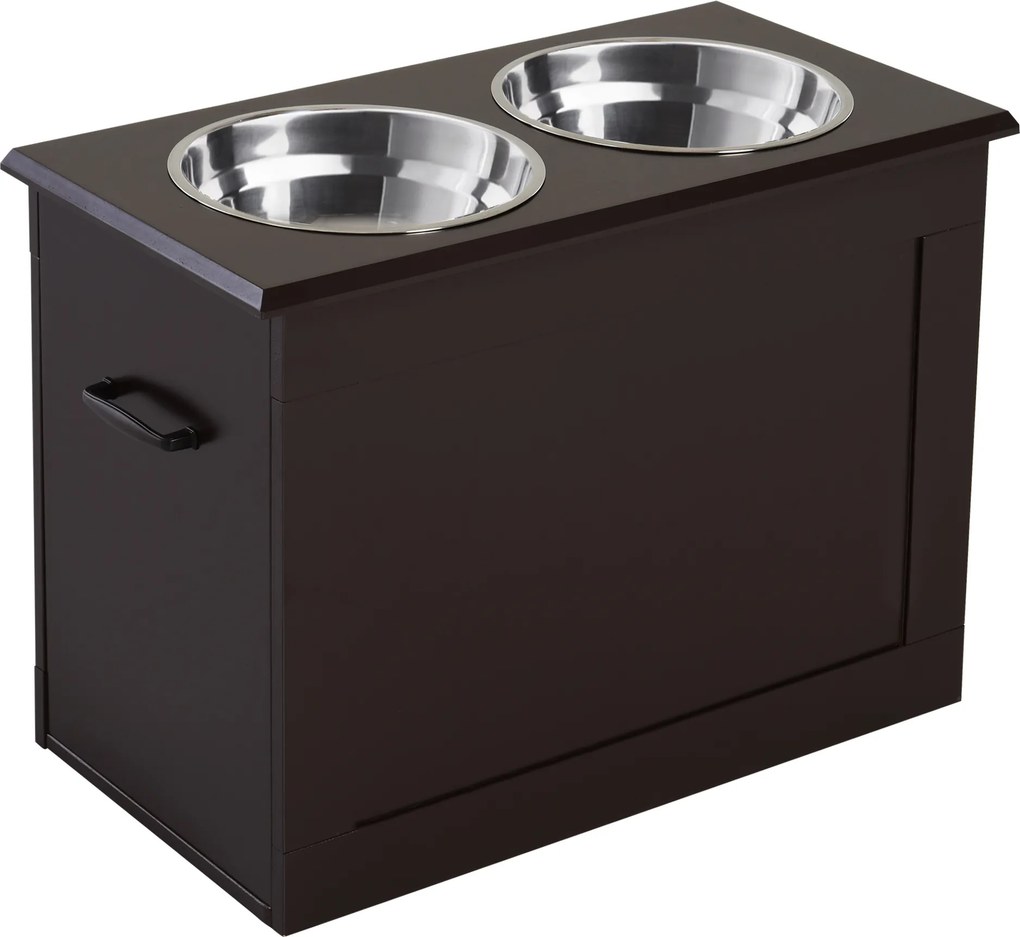 PawHut miska na krmivo pro psy s úložným prostorem 2 misky krmící stanice nerezová miska pro kočky MDF nerezová ocel Espresso 60 x 30 x 41 cm