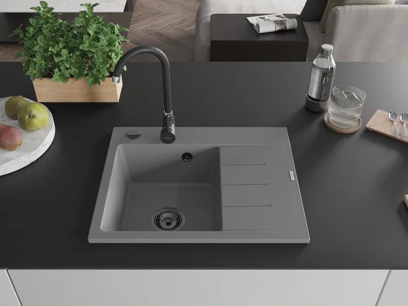 Mexen Ben, 1-komorový granitový dřez 600x500x190 mm, levý + černý sifon, šedá, 6522605000-71-B