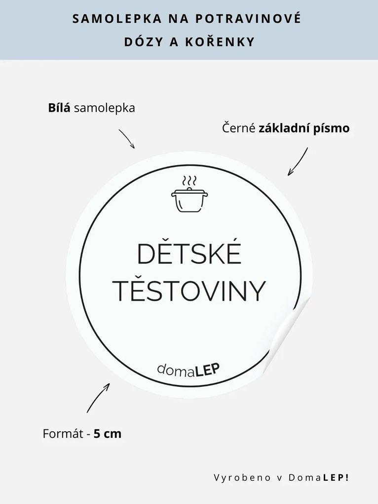 DĚTSKÉ TĚSTOVINY – bílá samolepka na dózu, základní písmo, 5 cm | DomaLEP