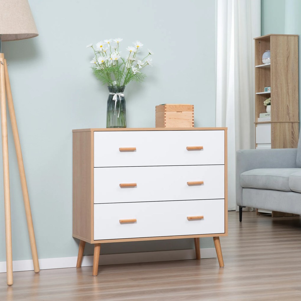 HOMCOM Dřevěná Komoda se 3 Zásuvkami, Vysoká Úložná Skříň Moderní s Vznesenými Nohami pro Ložnici a Obývací Pokoj 80x39x80 cm Bílá a Přírodní