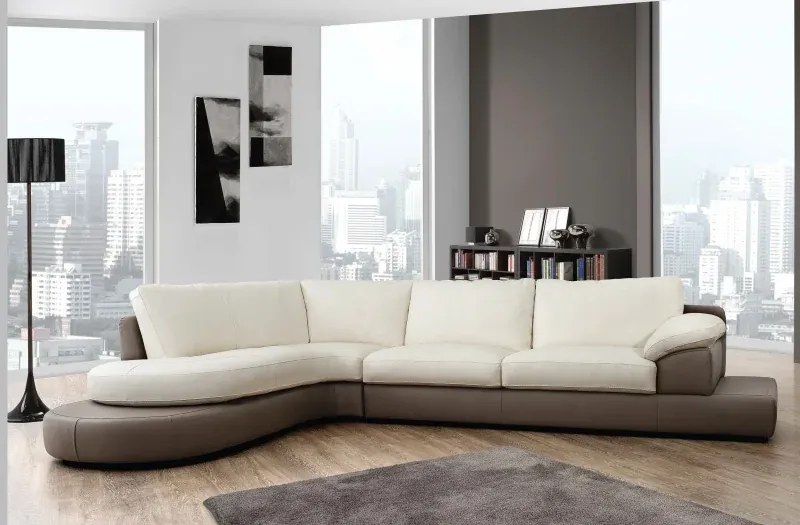 Kožená sedací souprava CAPUCINE rohová, levá, bílá (bianco 309) / sv. hnědá (tortora 312)