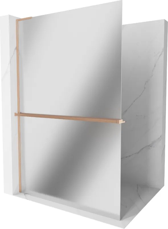 Mexen Kioto+ L, sprchová zástěna Walk-In s poličkou a věšákem 90 x 200 cm, 8mm sklo vzor zrcadlo, měděný matný profil, 800-090-123-65-50