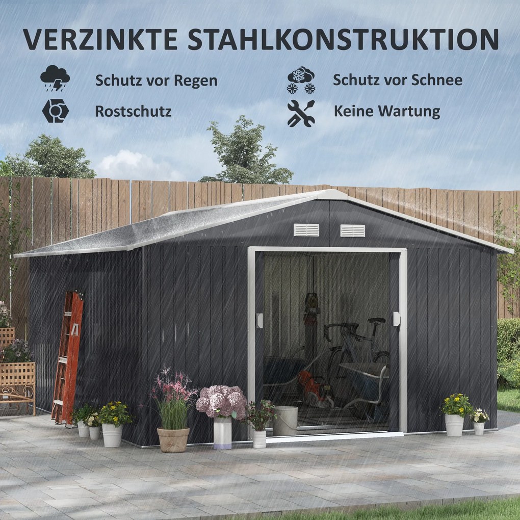 Outsunny kůlna na nářadí s podezdívkou kůlna na nářadí zahradní kůlna kovová uhlíkově šedá 340 x 386 x 200 cm