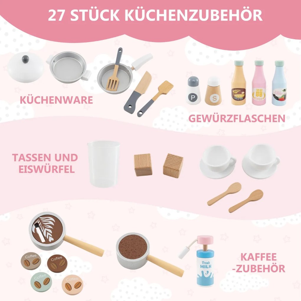 Costway Dětská kuchyňka s 27 doplňky hrací kuchyňka dřevo s hodinami mikrovlnná