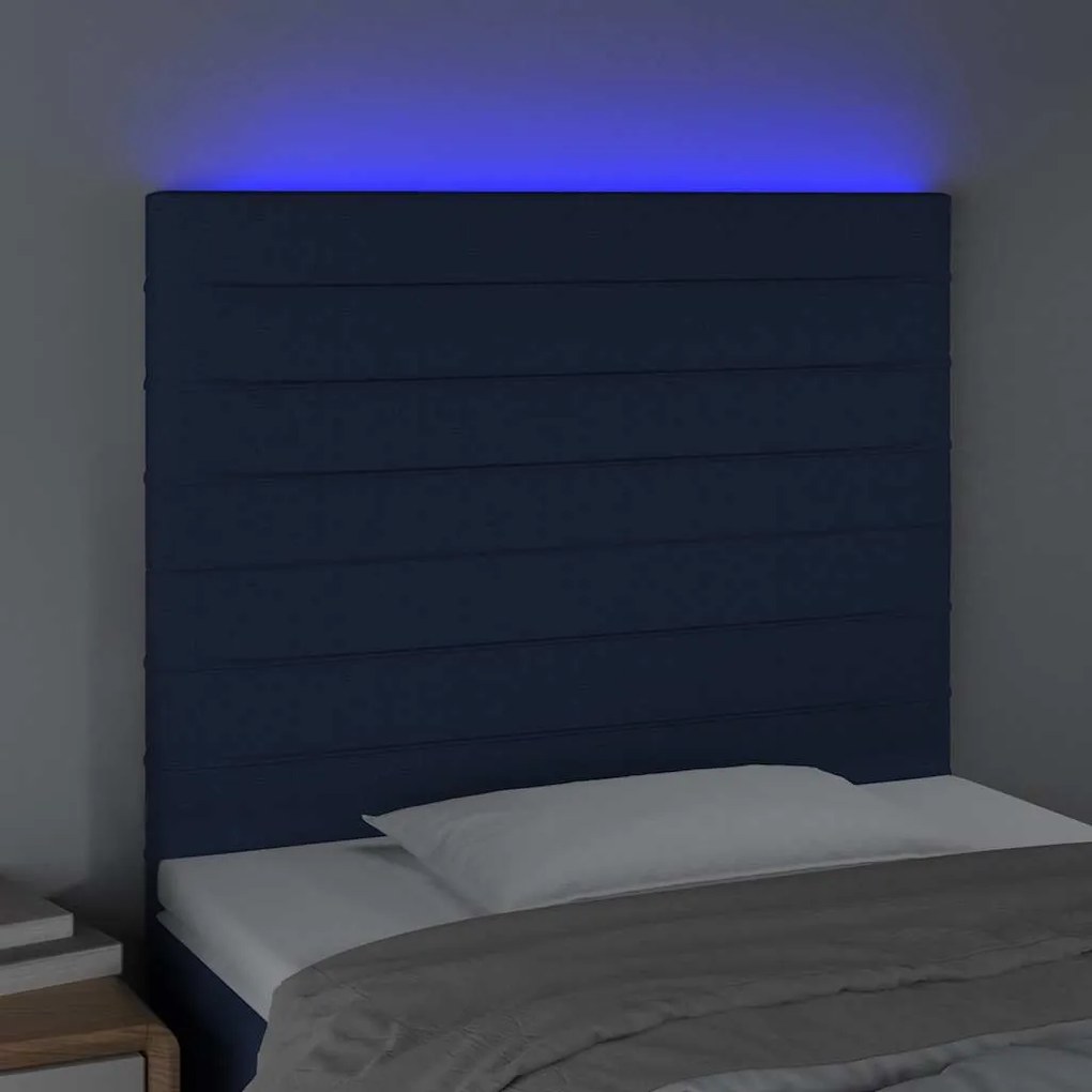 Čelo postele s LED modré 100x5x118/128 cm textil 3122560