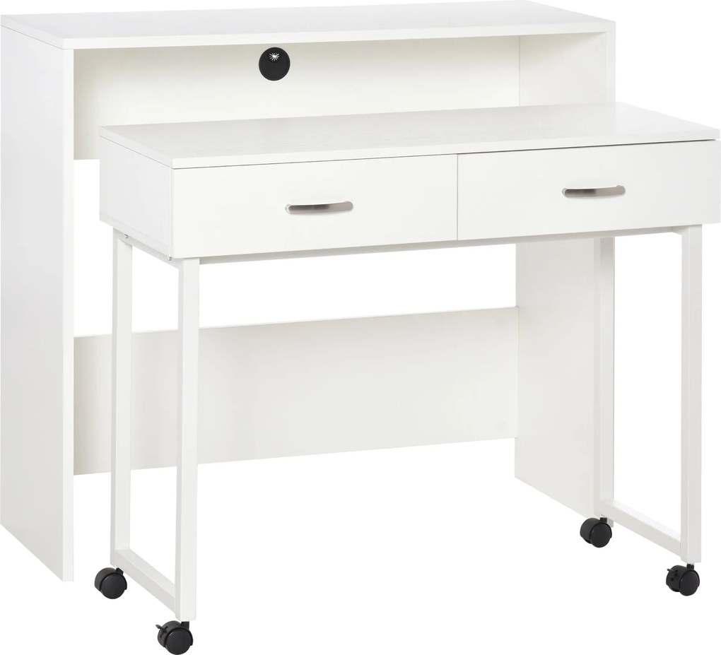 HOMCOM Sada 2 Stohovatelných Psacích Stolů na Kolečkách se 2 Zásuvkami pro Kancelář 100x36x88 cm Bílá | Aosom