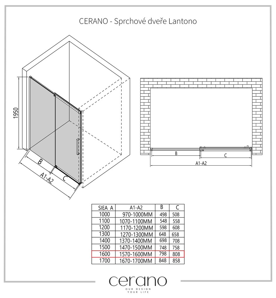 CERANO - Sprchové posuvné dveře Lantono L/P - černá matná, transparentní sklo - 160x195 cm
