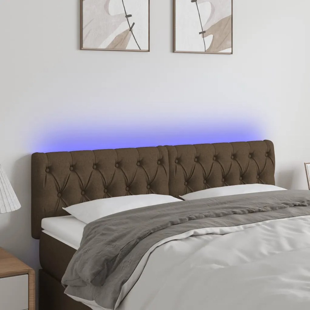 Čelo postele s LED tmavě hnědé 144 x 7 x 78/88 cm textil 3121949