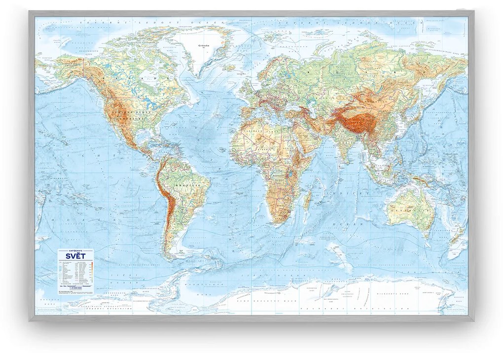 Zeměpisná mapa světa - obecně zeměpisná / pěnová kapa deska / stříbrný hliníkový rám / 145×100 cm