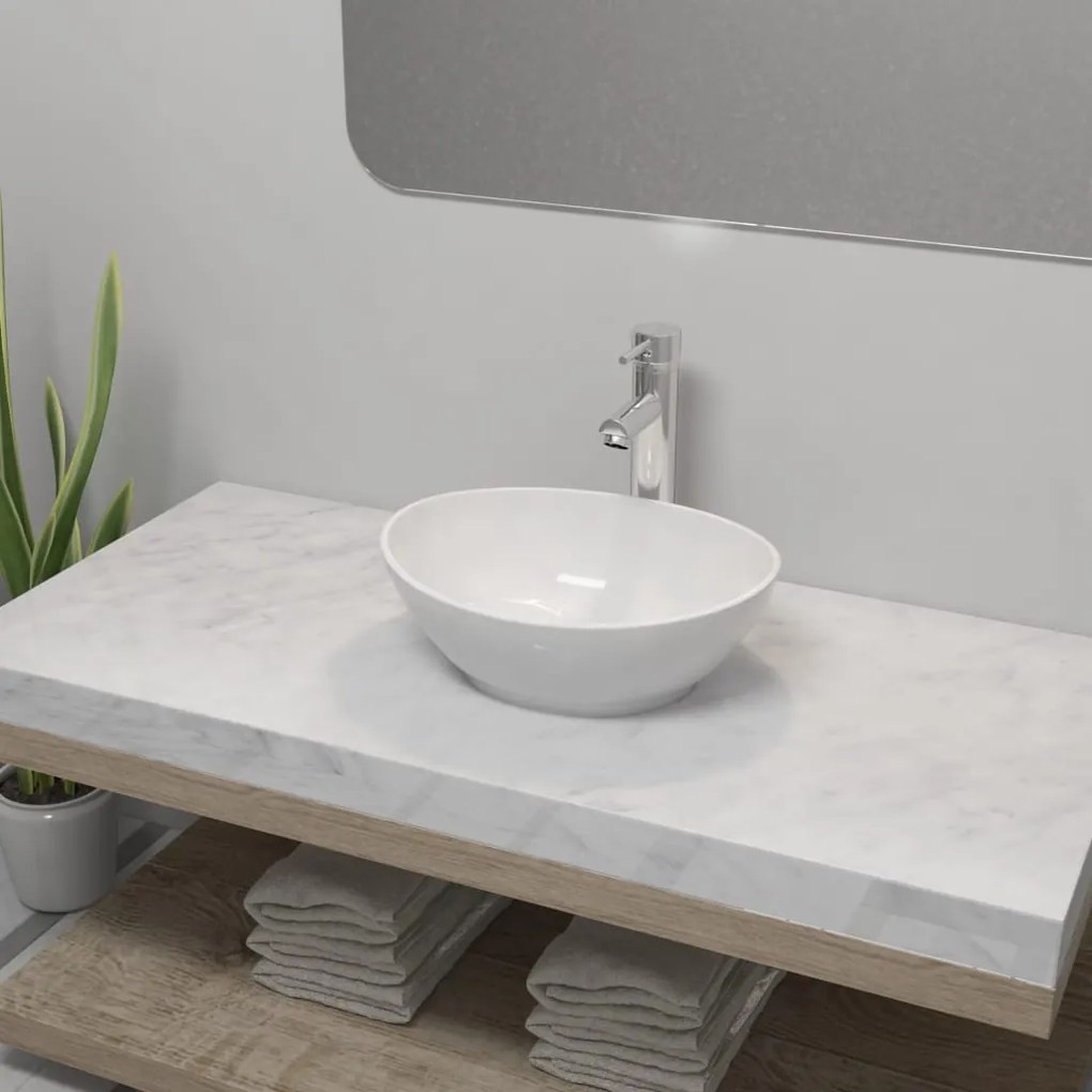 Umyvadlo do koupelny s vodovodní baterií keramické oválné bílé 275497