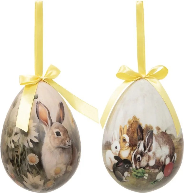 2ks dekorace závěsné vajíčko s králíčky Spring Egg - Ø 11*15 cm