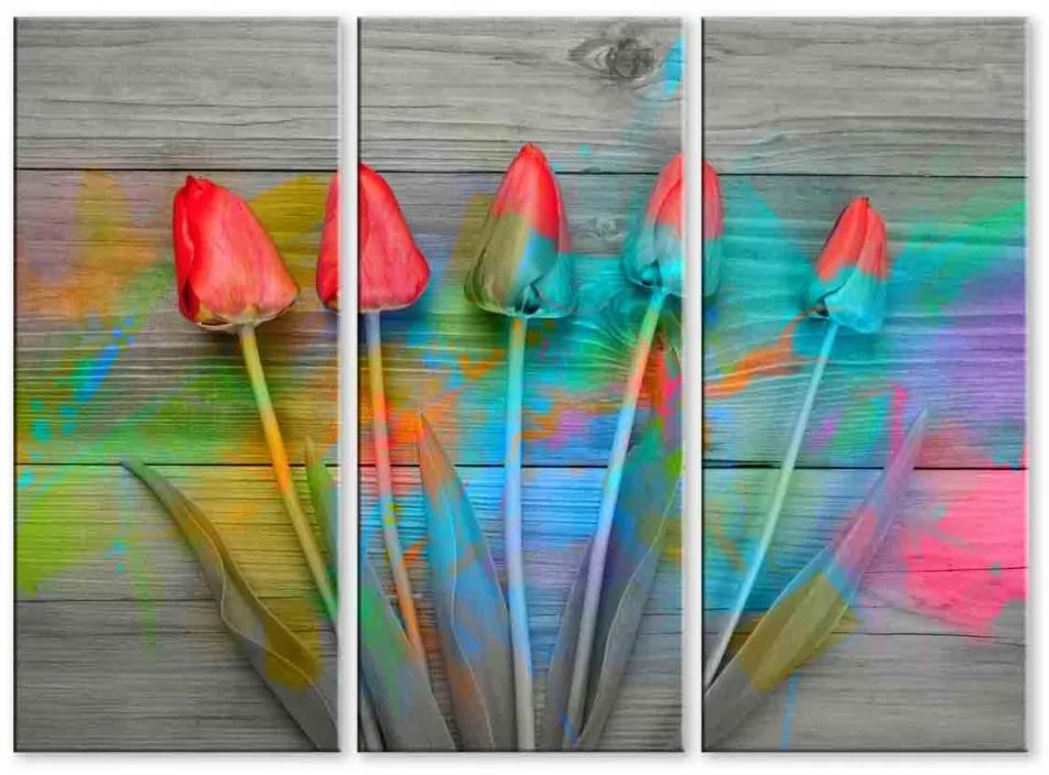 Malvis ® Třídílný obraz tulipány na dřevě Velikost: 120x90 cm