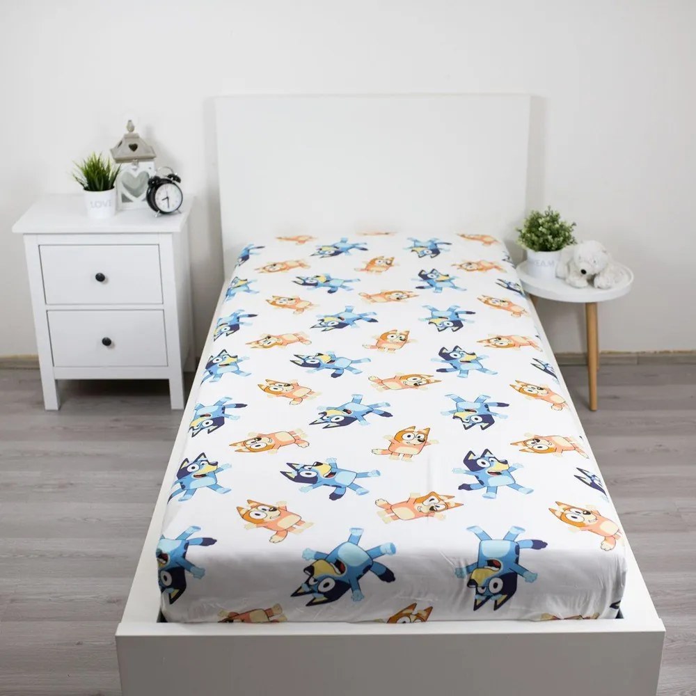 Bílé napínací bavlněné dětské prostěradlo na jednolůžko 90x200 cm Bluey – Jerry Fabrics
